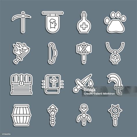 중세 쇠사슬로 묶인 철퇴 공 게임용 검 목걸이 부적 물약 활 곡괭이 및 아이콘이 있는 병이 표시됩니다 벡터 강철에 대한 스톡 벡터 아트 및 기타 이미지 Istock