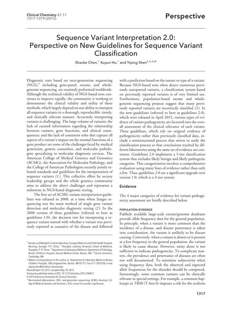 Pdf Sequence Variant Interpretation 20 Perspective On New Guidelines For Sequence Variant