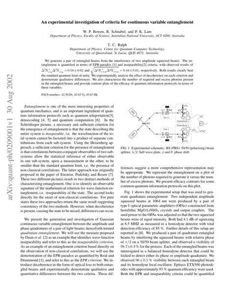 Pdf Experimental Investigation Of Criteria For Continuous Variable Entanglement