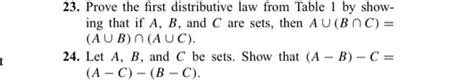 Solved 23 Prove The First Distributive Law From Table 1 By