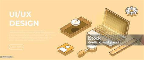 Ui Ux 디자인 랜딩 페이지는 미니멀리즘 스타일입니다 적응형 인터페이스 디자인 아이소메트릭 랜딩 페이지 벡터 그림 개념 3차원 형태에 대한 스톡 벡터 아트 및 기타 이미지
