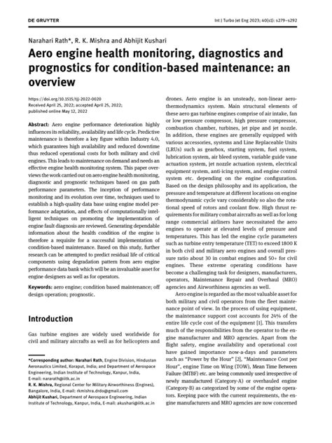 Aero Engine Health Monitoring Diagnostics And Prognostics For Condition Based Maintenance An