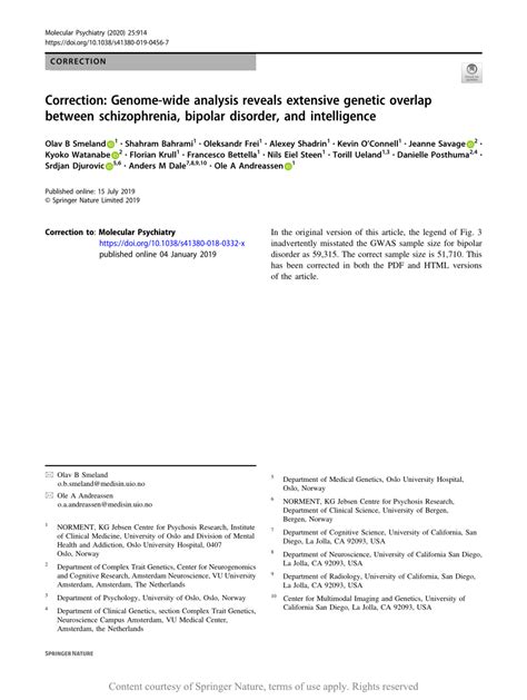 Correction Genome Wide Analysis Reveals Extensive Genetic Overlap Between Schizophrenia