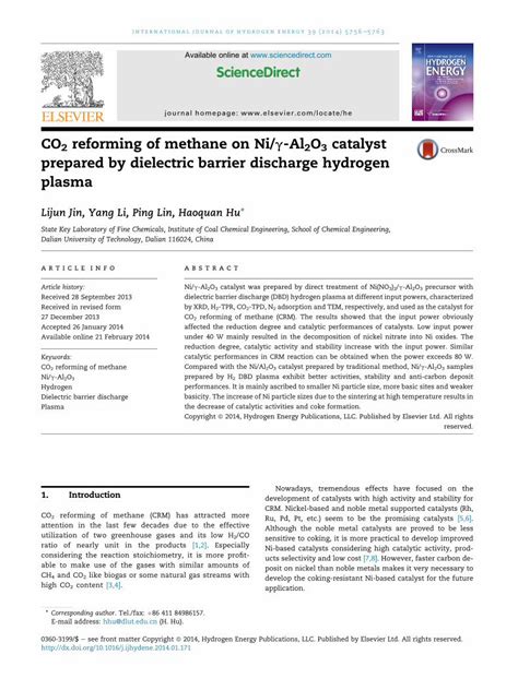 Pdf Co2 Reforming Of Methane On Ni γ Al2o3 Catalyst Prepared By Dielectric Barrier Discharge