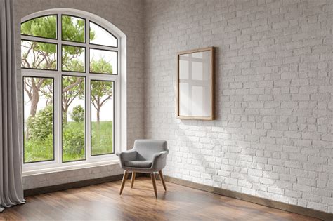 방 구석에 싱글 의자가있는 아늑한 거실 인테리어 햇빛 빛나는 물마루 창 복사 공간이있는 캔버스 가정 장식 개념 3d 그림 0명에 대한 스톡 사진 및 기타 이미지 Istock