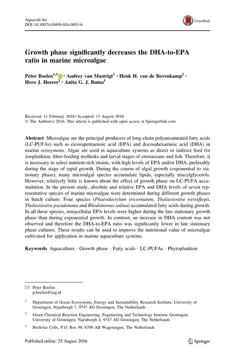 Pdf Growth Phase Significantly Decreases The Dha To Epa Ratio In