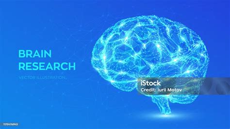 두뇌 낮은 폴리 추상 디지털 인간의 두뇌 신경망 Iq 테스트 인공 지능 가상 에뮬레이션 과학 기술 개념 브레인 스토밍 생각 아이디어 3d 다각형 벡터 그림 과학에 대한 스톡