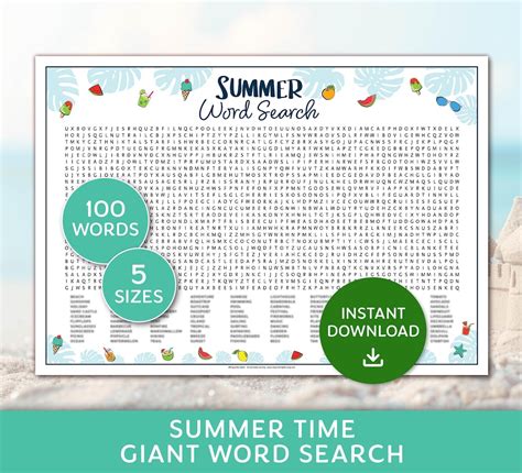 Summer Giant Word Search Summer Theme Word Find Summer Time Game