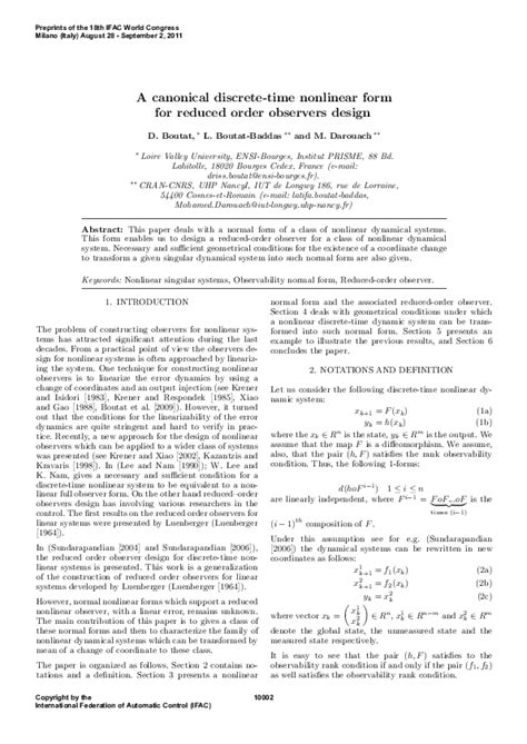 Pdf A Canonical Discrete Time Nonlinear Form For Reduced Order Observers Design