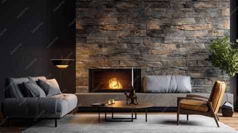 Premium Photo Sofa And Chair By Fireplace In Wild Stone Cladding Wall