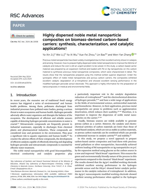 Pdf Highly Dispersed Noble Metal Nanoparticle Composites On Biomass