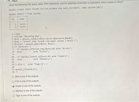 Solved Given The Following SQL Query Table PHP Statements Chegg