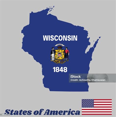 지도 개요 와 위스콘신의 국기 국가의 이름과 날짜 1848 미국의 국가와 어두운 파란색 필드에 팔의 코트 기에 대한 스톡 벡터 아트 및 기타 이미지 Istock