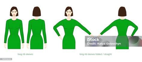 갈비뼈 소매 니트 롱 길이 옷 캐릭터 아가씨 인 그린 탑 셔츠 드레스 테크니컬 패션 일러스트 적합 플랫 의류 템플릿 앞면 뒷면 여성 남성 남녀 공용 Cad 모형 T 셔츠에