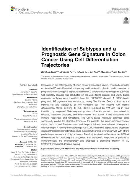 Pdf Identification Of Subtypes And A Prognostic Gene Signature In Colon Cancer Using Cell