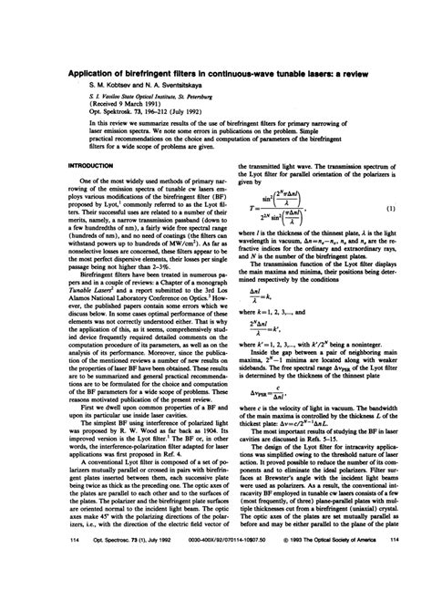 Pdf Application Of Birefringent Filters In Continuous Wave Tunable Lasers A Review