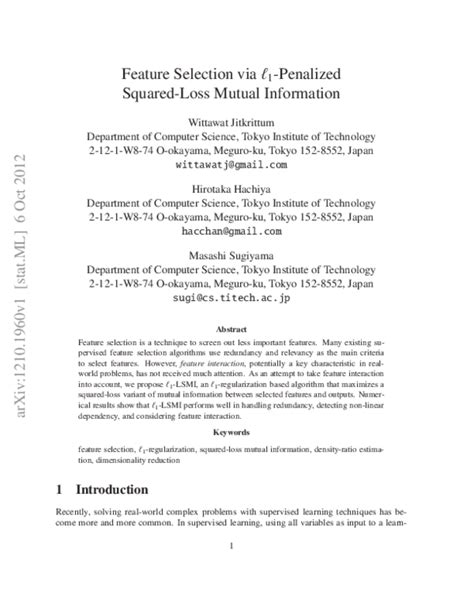 Pdf Feature Selection Via L1 Penalized Squared Loss Mutual Information