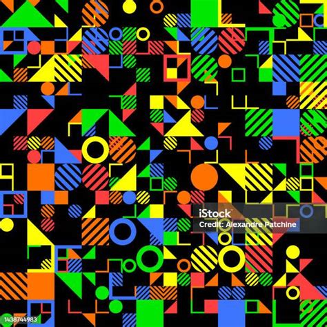 밝은 색의 작은 모양 완벽 한 패턴입니다 매력적인 현대적인 패턴입니다 사각형 선 격자 삼각형 L 모양 및 다른 강한 색상의 원 타일링 배경 기하 도형에 대한 스톡 벡터 아트