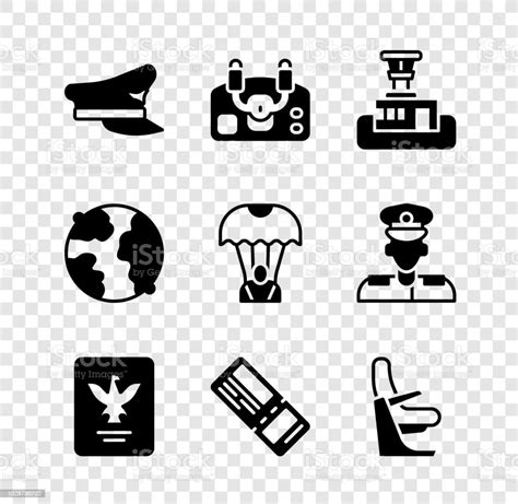 파일럿 모자 항공기 스티어링 헬멧 공항 컨트롤 타워 여권 항공권 비행기 좌석 전 세계 및 낙하산 아이콘 세트 벡터 International Match에 대한 스톡 벡터 아트