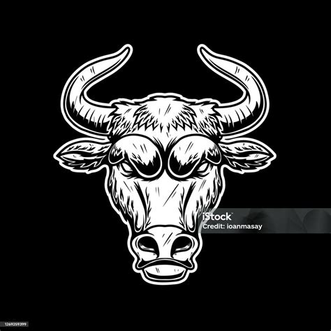 빈티지 흑백 스타일로 황소의 머리의 그림 엠블럼 기호 포스터 카드 배너를 위한 디자인 요소 벡터 일러스트레이션 황소에 대한 스톡