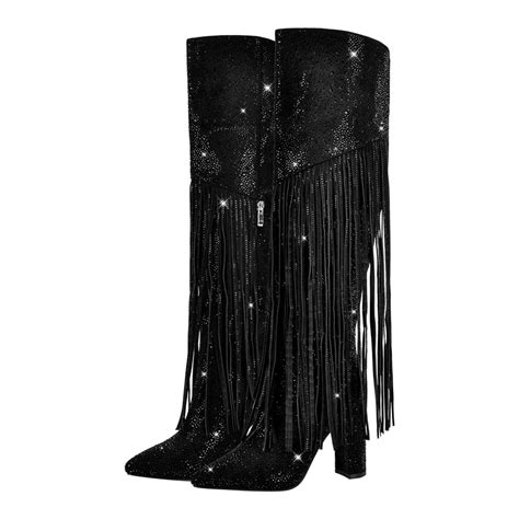 Pointed Toe Rhinestone Tassels Over The Knee Boots Onlymaker
