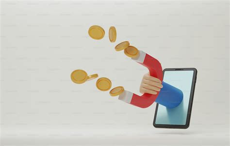 자석을 들고 있는 사업가는 스마트폰에서 많은 금화를 끌어들인다 많은 돈을 끌어들이는 큰 자석 마케팅 수익 창출 온라인 투자 마케팅 3d 렌더링 그림입니다 사진