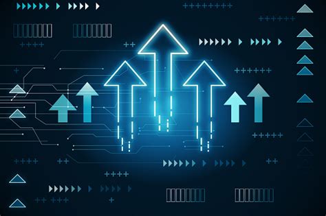 추상적인 진한 파란색 배경에 빛나는 흰색 디지털 그래픽 화살표와 선이 있는 소프트웨어 및 기술 개발 개념 3d 렌더링 0명에