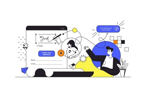 문자가 있는 평면 개요 디자인의 전자 계약 웹 개념 프리미엄 벡터