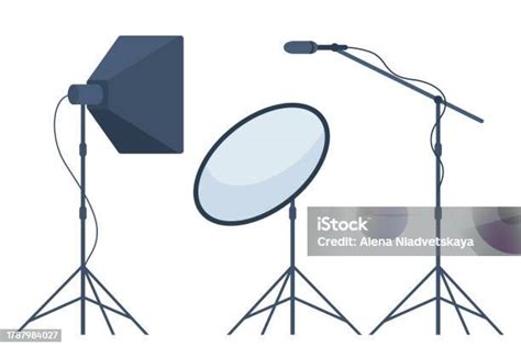 블로깅 브이로깅 스튜디오 사진 및 비디오를 위한 다양한 유형의 전문 조명 장비 벡터 일러스트 레이 션입니다 디자인에 대한 스톡 벡터 아트 및 기타 이미지 Istock