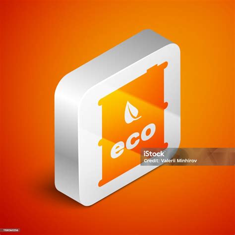 주황색 배경에 격리된 등각 측정 생체 연료 배럴 아이콘입니다 에코 바이오 및 캐니스터 친환경 환경과 재활용 실버 스퀘어 버튼 벡터 일러스트레이션 0명에 대한 스톡 벡터 아트