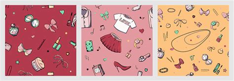 여자 물건 벡터 원활한 패턴의 집합입니다 여성의 의류 보석 화장품 선물과 로맨스와 패션 그림 귀여운 것 들의 실제 벡터 드로잉입니다 어린 소녀의 관심사 0명에 대한 스톡