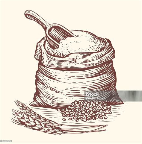 통밀 빵가루 보리 곡물 나무 국자 및 밀 귀가 든 자루 또는 삼베 가방 자연 농장 음식 스케치 가방에 대한 스톡 벡터 아트 및