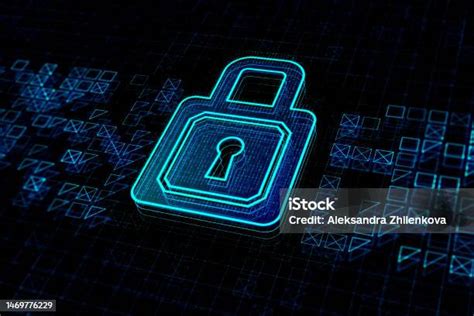 사이버 데이터 및 정보 기밀성 개념 디지털 파란색에 대한 관점 평면도는 빛나는 사각형과 삼각형이 있는 추상적인 어두운 배경에 자물쇠를 닫았습니다 3d 렌더링 맹꽁이자물쇠에