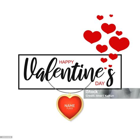해피 세인트 발렌타인 데이 핸드 그린 텍스트와 빨간색 3d 심장 펜던트 엽서 인사말 카드 초대장 배너 플래카드 포스터 컨셉 디자인 템플릿 낭만적 인 인용 벡터 일러스트레이션
