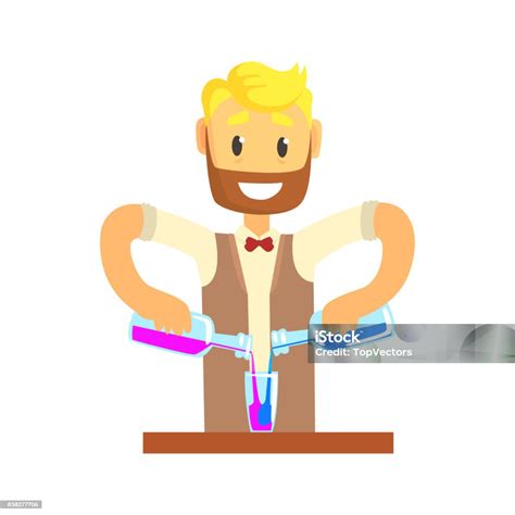 바에서 바텐더 남자 캐릭터 서 카운터 혼합 칵테일 바텐더 일 만화 벡터 일러스트 레이 션에 남자에 대한 스톡 벡터 아트 및 기타