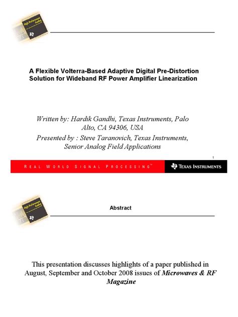 Volterra Based Adaptive Pre Distortion For Rf Power Amplifier Linearization Pdf Root Mean
