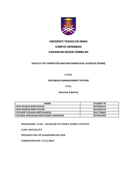 Ict501 Exercise 6 Joins New Pdf Science