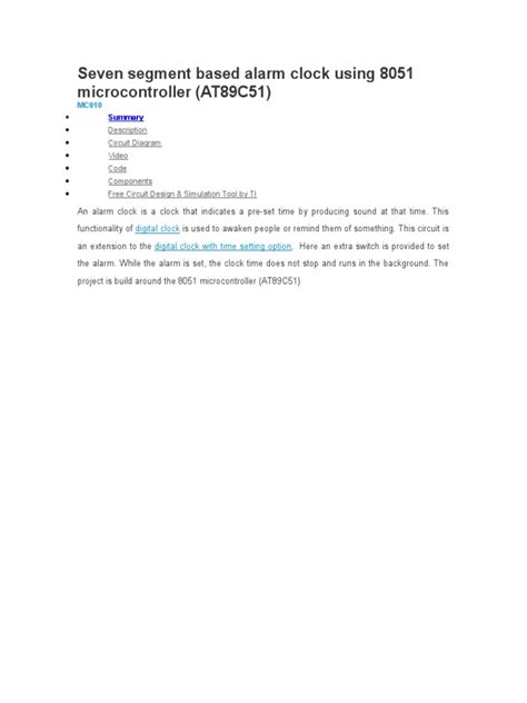 Seven Segment Based Alarm Clock Using 8051 Microcontroller Pdf Manufactured Goods