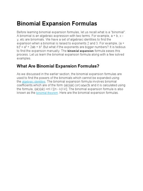 Binomial Expansion Formulas Pdf