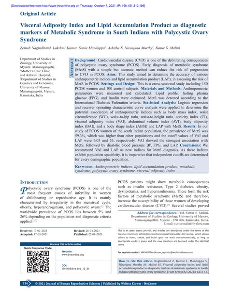 Pdf Visceral Adiposity Index And Lipid Accumulation Product As Diagnostic Markers Of Metabolic