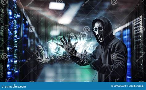Dagerous Hacker Industrial Espionage Inside A Server Room Stock Illustration Illustration Of