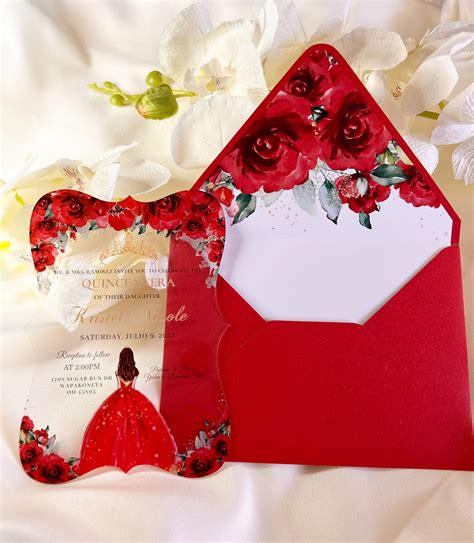 Red Quinceanera Invitations Red Flowers Acrylic Sweeth 16 Invitations