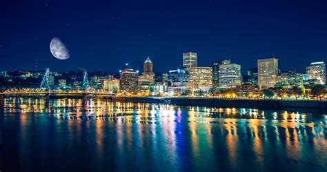 Portland Riverfront At Night Stock Image Image Of Overnight Moon