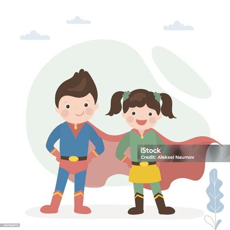 귀여운 아이들은 슈퍼 히어로를 연기합니다 영웅 의상을 입고 서 있는 아이들 상상력 구조자 영웅 도우미 어린 아이들은 함께 재미