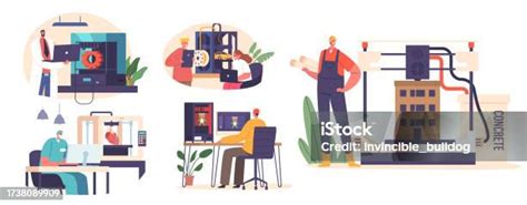 캐릭터는 3d 프린팅 혁신적인 기술을 사용하여 디지털 디자인에서 3차원 개체를 만듭니다 3차원 형태에 대한 스톡 벡터 아트 및 기타 이미지 3차원 형태 건강관리와 의술