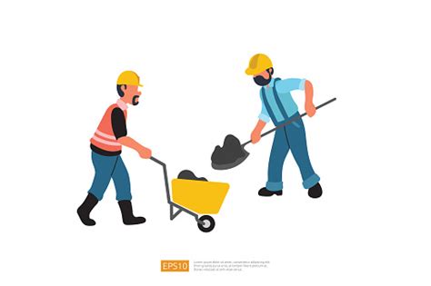 석탄이나 아스팔트를 운반하는 삽과 수레를 가진 건설 빌더 캐릭터 건설 노동자의 도로 공사 벡터 그림 광업에 대한 스톡 벡터 아트 및 기타 이미지 Istock