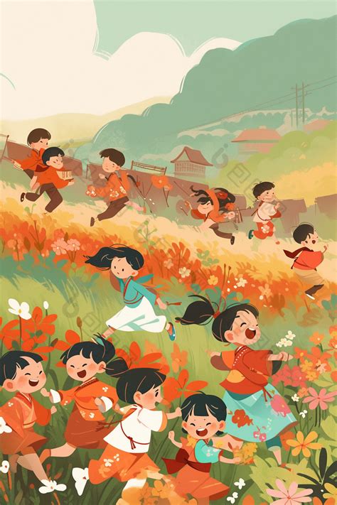 儿童节草地奔跑插画图片 包图网