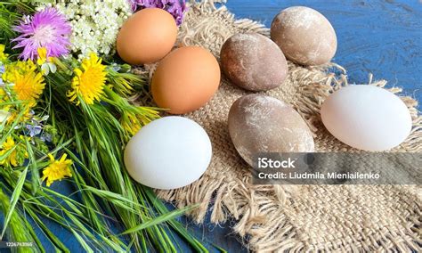 추상적 인 표면의 배경에 대한 장식 꽃병에 여러 가지 색깔의 부활절 달걀과 밝은 야생 꽃 0명에 대한 스톡 사진 및 기타 이미지 0명 갈색 개념 Istock