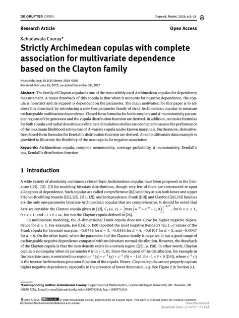 Pdf Strictly Archimedean Copulas With Complete Association For Multivariate Dependence Based