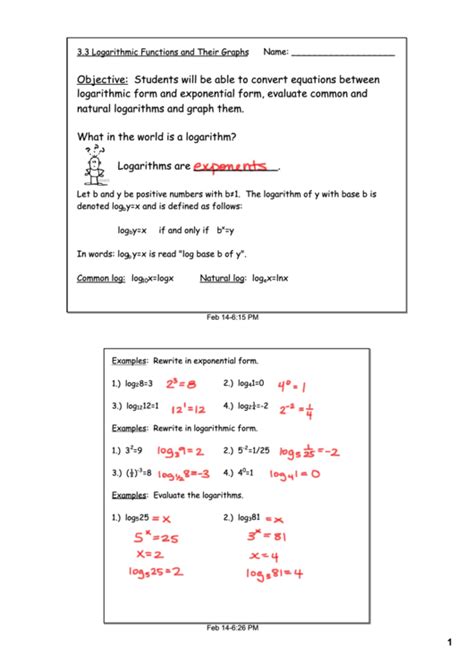 Logarithmic Functions And Their Graphs Worksheet Printable Pdf Download